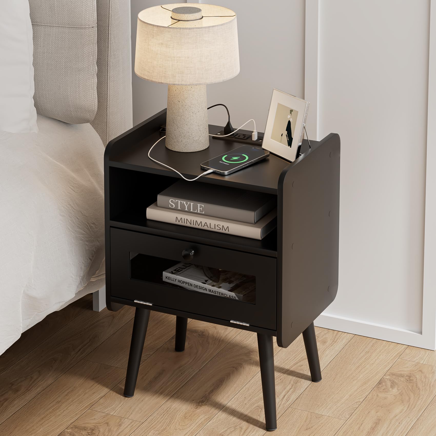 Masupu Nightstand with Charging Station, Black Bedside Table Modern Bed ...