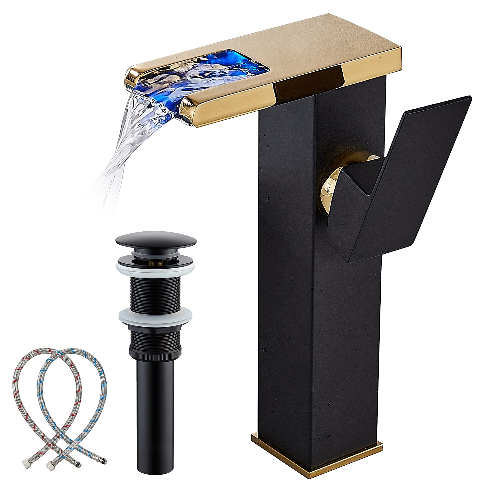 Vessel Sink Faucet Waterfall Gold Black Lavatory Single Hole with Pop ...