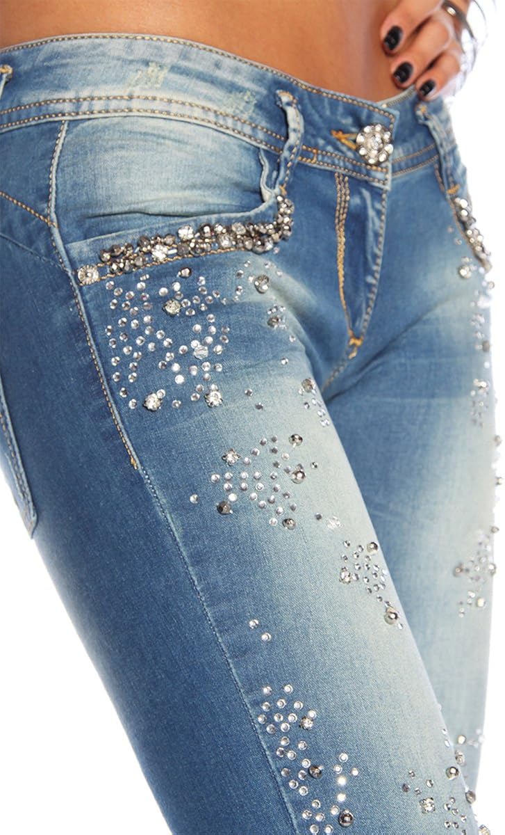 Elastische Röhren-Jeans mit ausgefallener Used-Waschungen & Strass ...