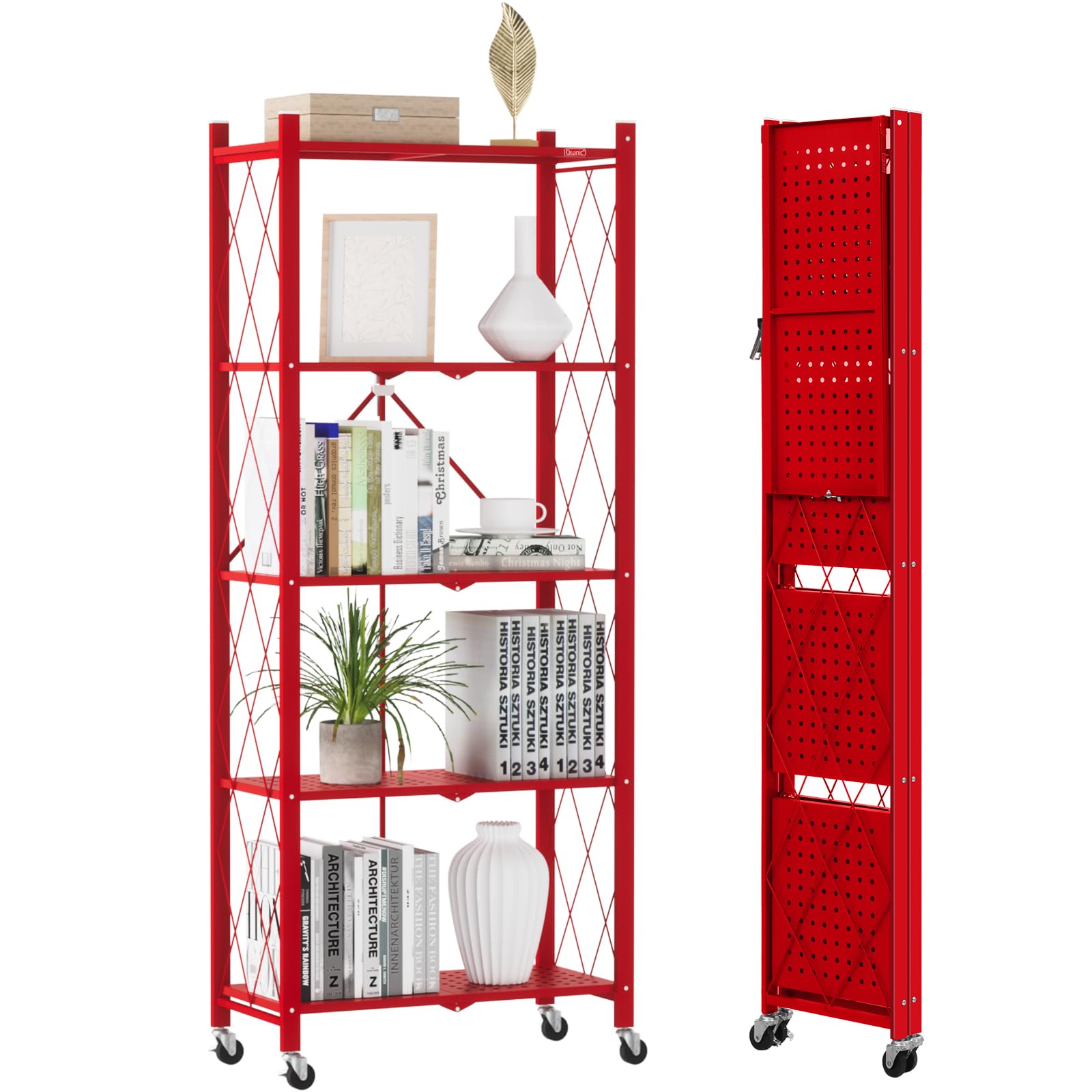 DEANIC 5-Shelf Folding Bookcase with Wheels, Heavy Duty Storage Shelves ...