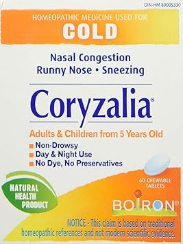 Boiron Coryzalia for colds and cold symptoms, 60 Tablets. Chewable ...