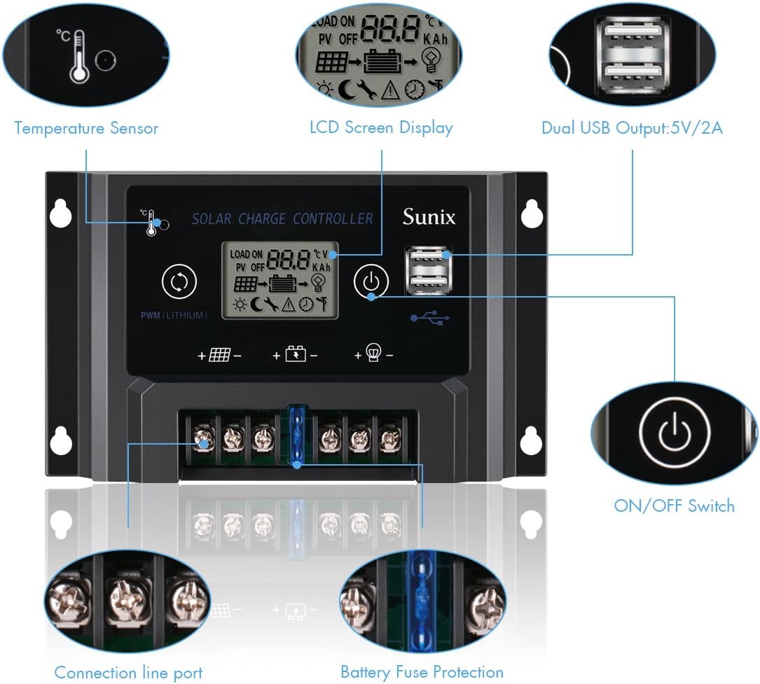 Sunix 10A 12V Solar Charge Controller for lithium Battery, Upgraded ...