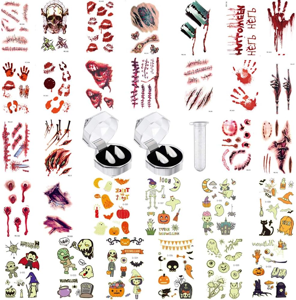 WENTS Halloween Tattoo Stickers Temporary Tattoos Set, Vampire Teeth ...