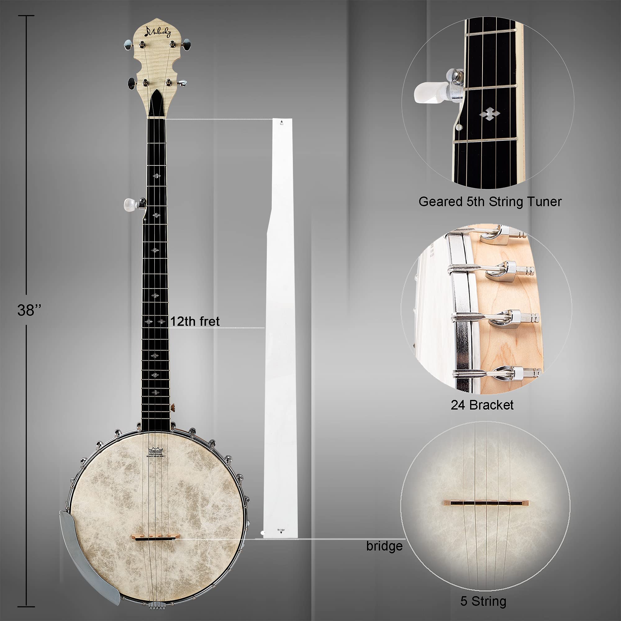Mua Mulucky 5 String Banjo - Full Size with 24 Brackets, Open Back ...