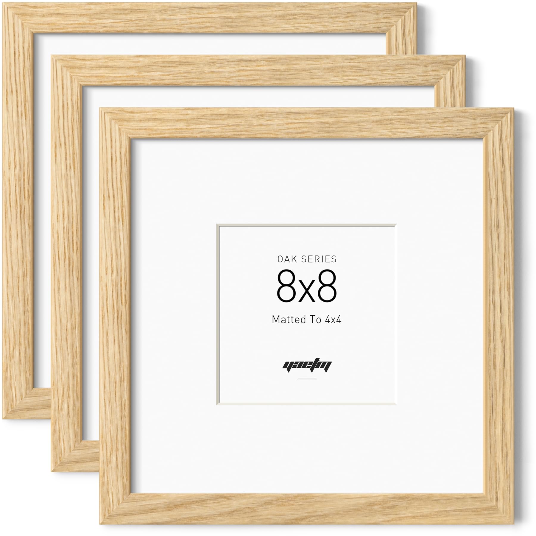 Yaetm Oak Wood 8x8 Picture Frame with Mat for 4x4 Set of 3, Natural Solid Wood 8x8 Square Frame ...