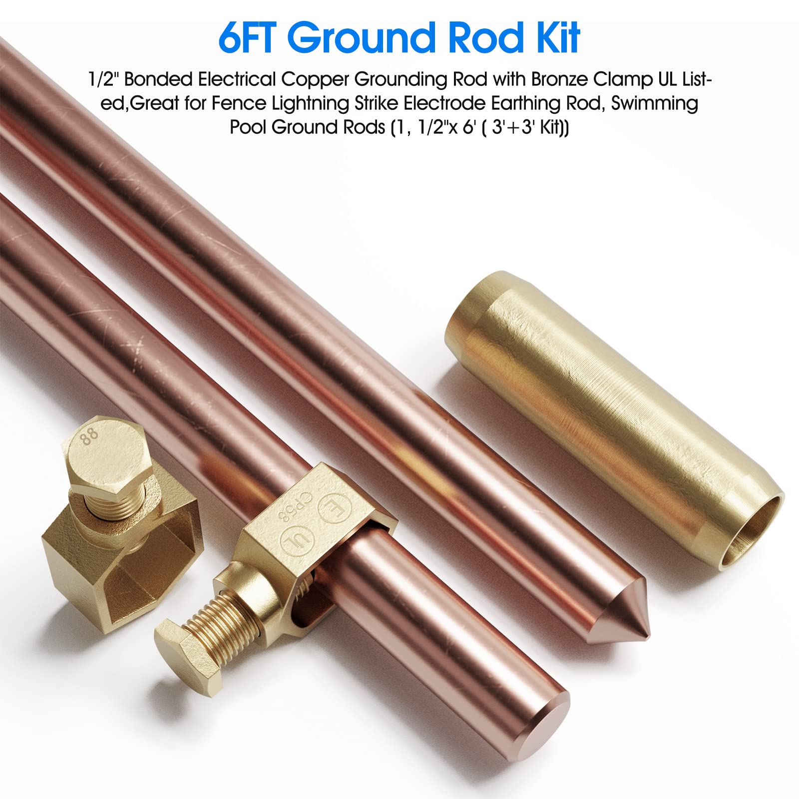 6ft Ground Rod Kit - 1/2'' Bonded Electrical Copper Grounding Rod With ...