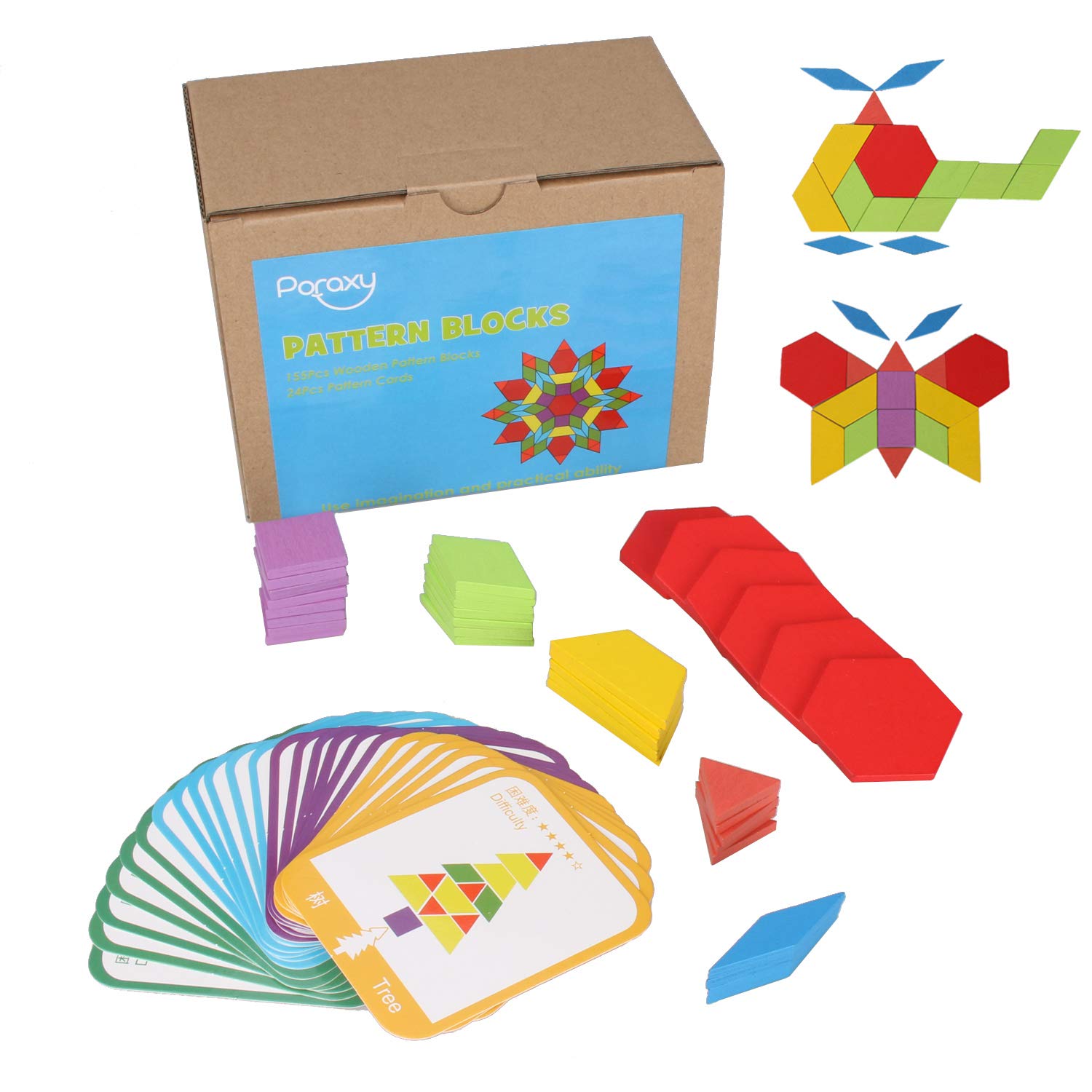 155 Pcs Wooden Pattern Blocks Set Geometric Shape Puzzle Graphical ...