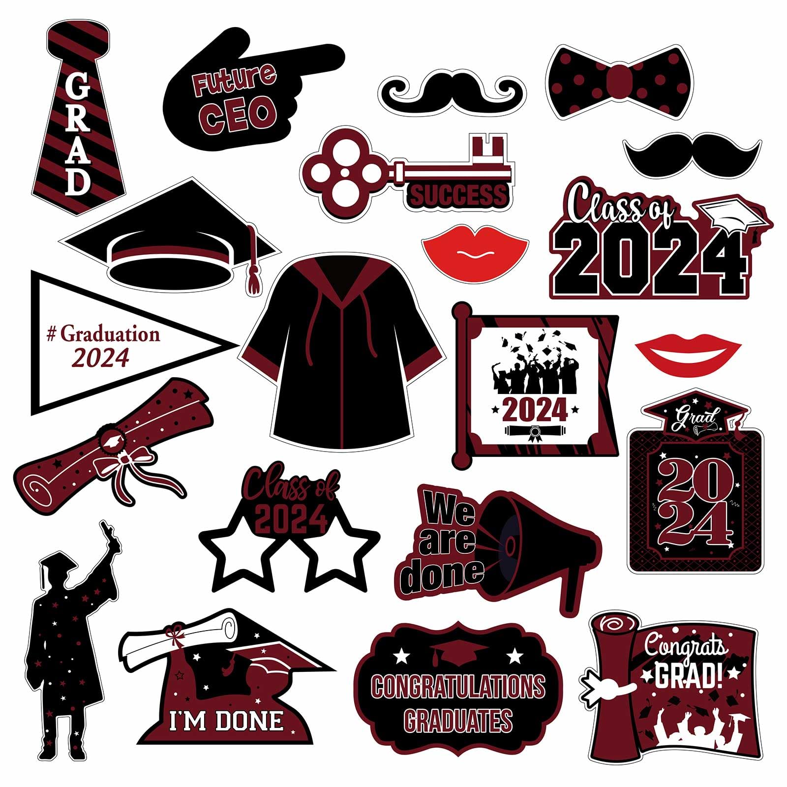 Graduation Photo Booth Props 2024, 21 Pcs Black Red Funny Class of 2024 ...