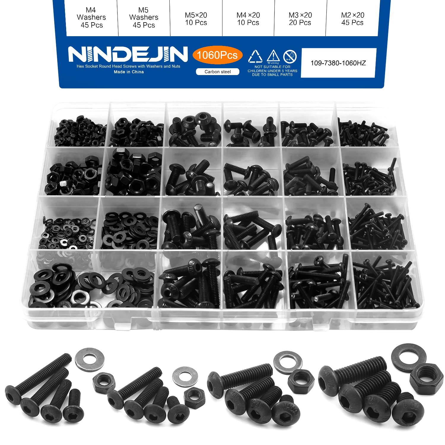 NINDEJIN M5 M4 M3 M2 Hex Socket Head Button Screw Bolts Nuts and Washer ...