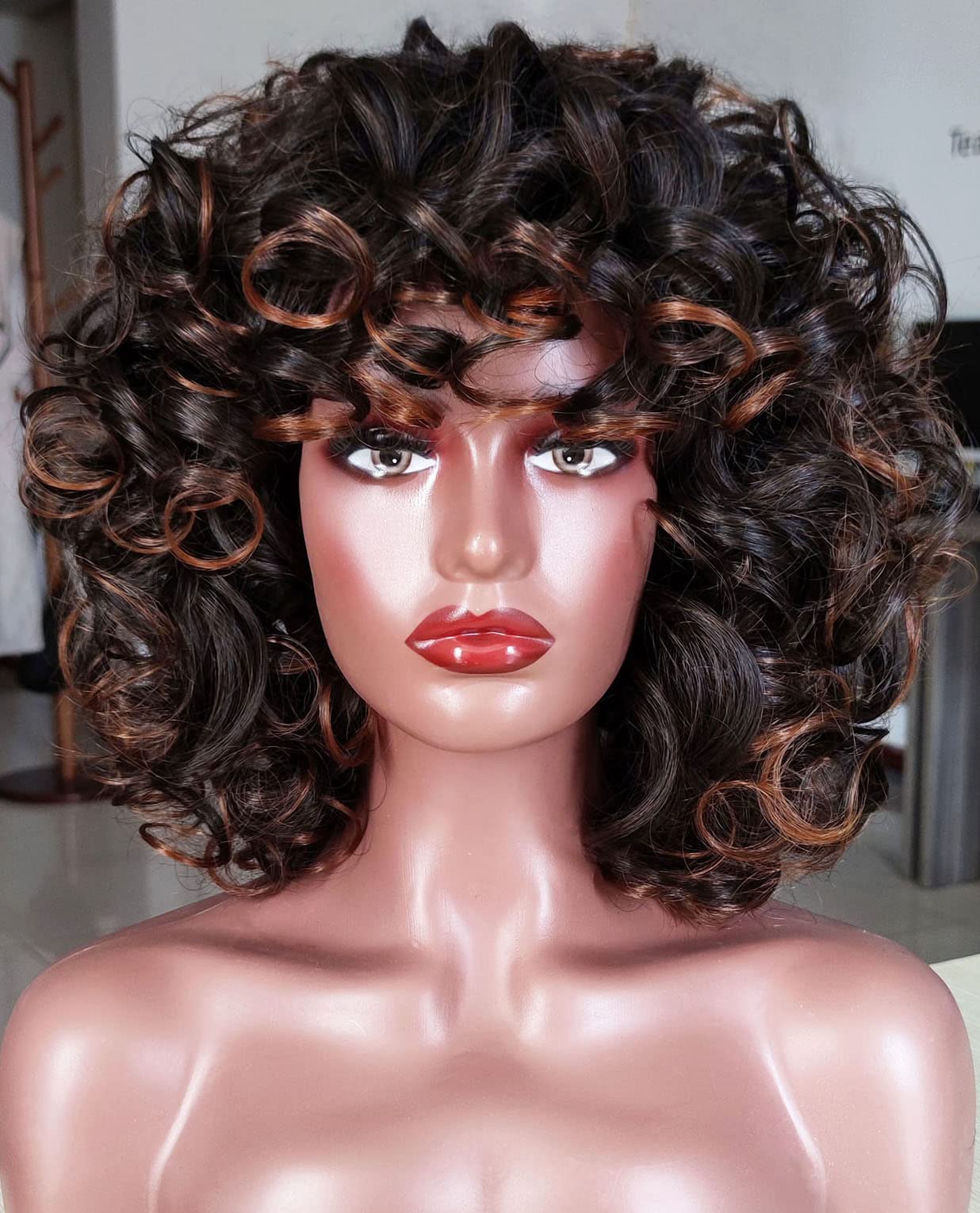 ELIM Ombre Brown Short Afro Big Curly Wigs for Black Women with 7 PCS ...
