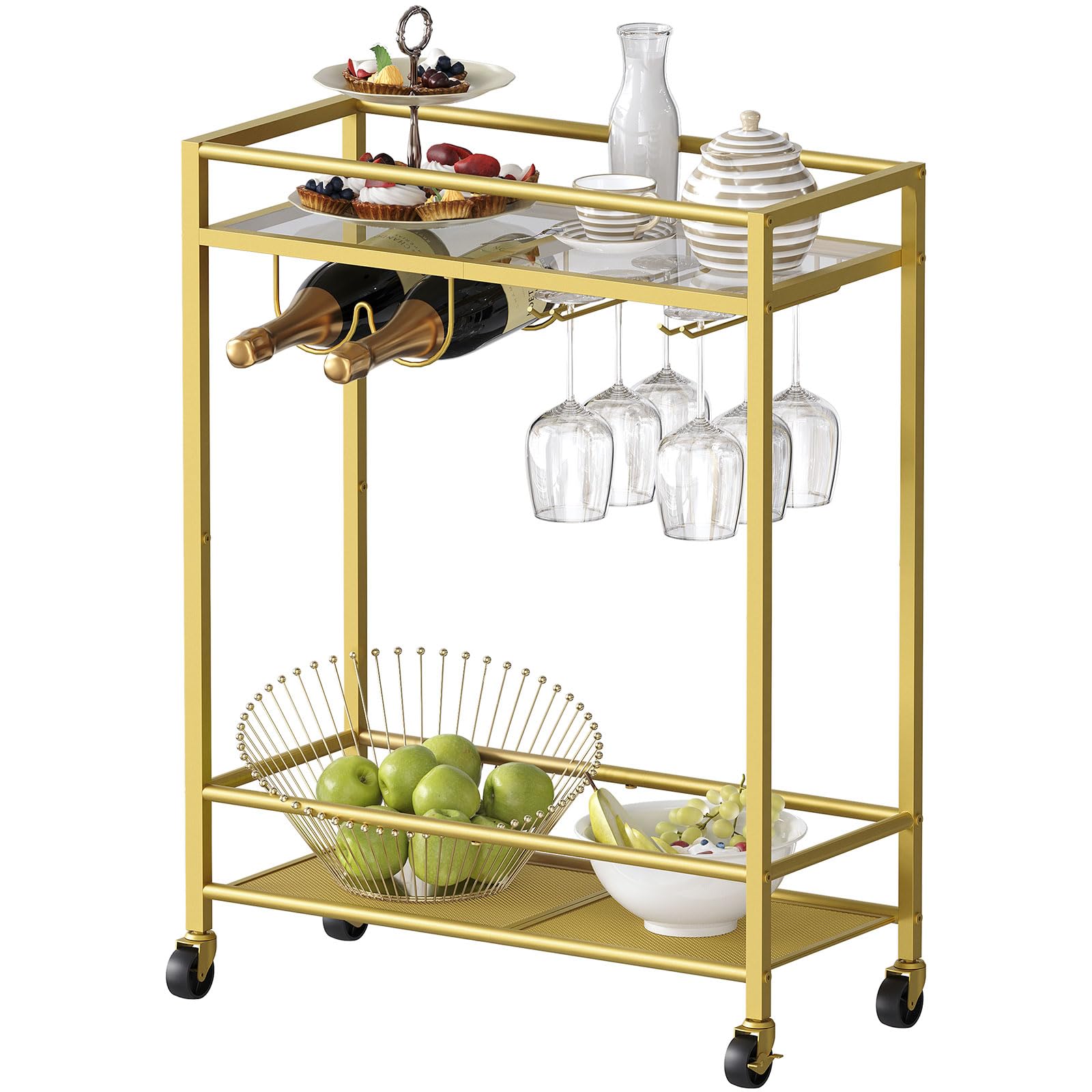 MAHANCRIS Gold Bar Cart, Beverage Cart With Wheels, Bar Cart For The Home, 2-Tier Drink Cart ...