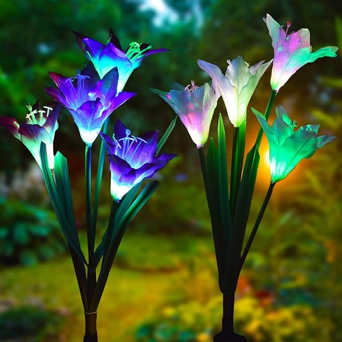 LED Solar Lily Flower Lights 2 Pack 8-Head 7 Color Changing Outdoor ...