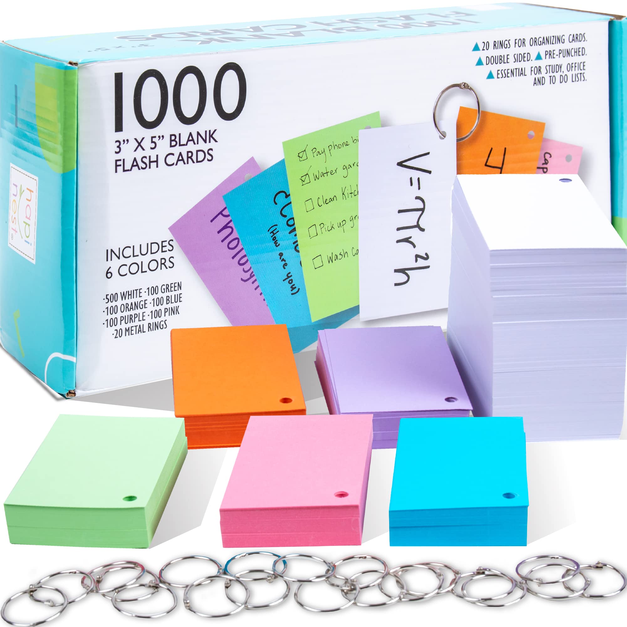 Mua Hapinest 1000 Blank 3 x 5 Flash Cards with 20 Binder Rings | Pre ...