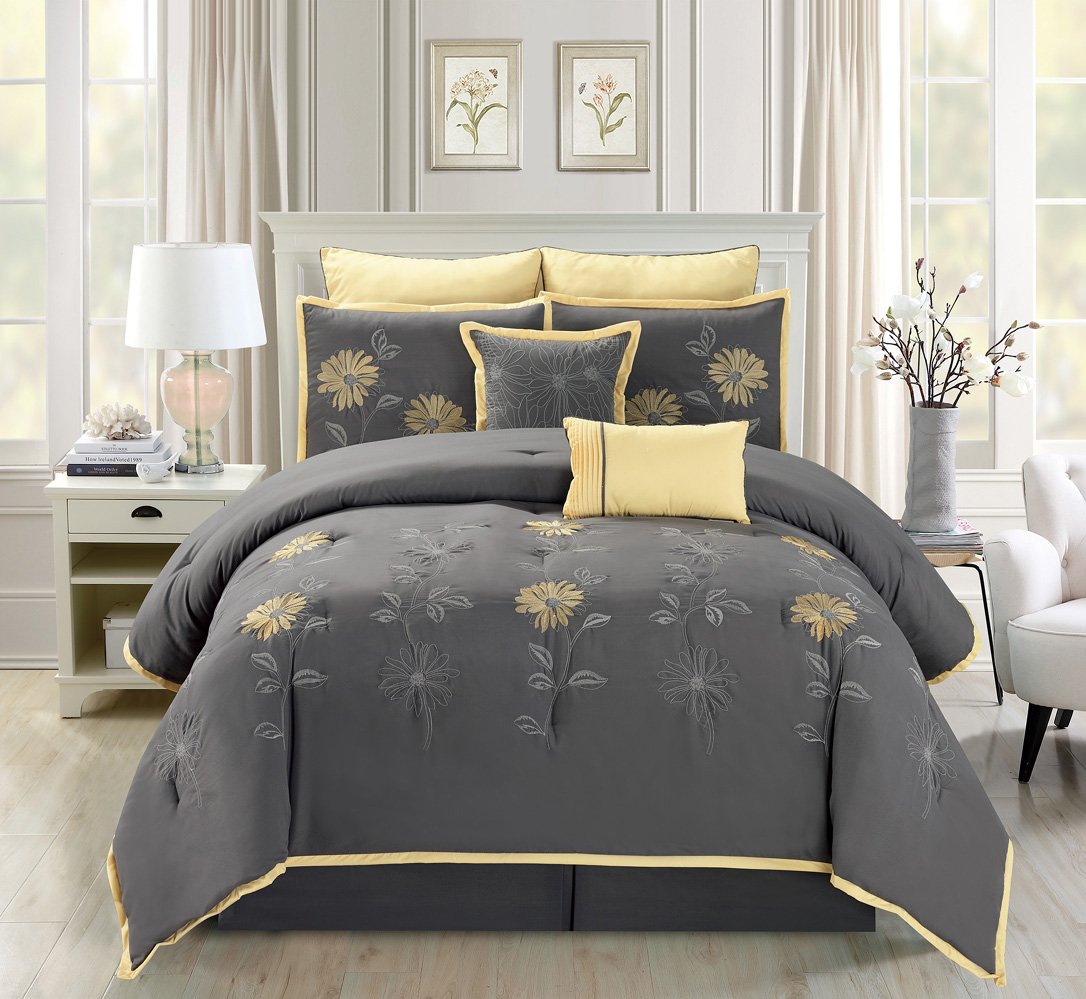Grand Linen 7 Piece Modern Oversize Grey/Yellow Sunflower Embroidered ...