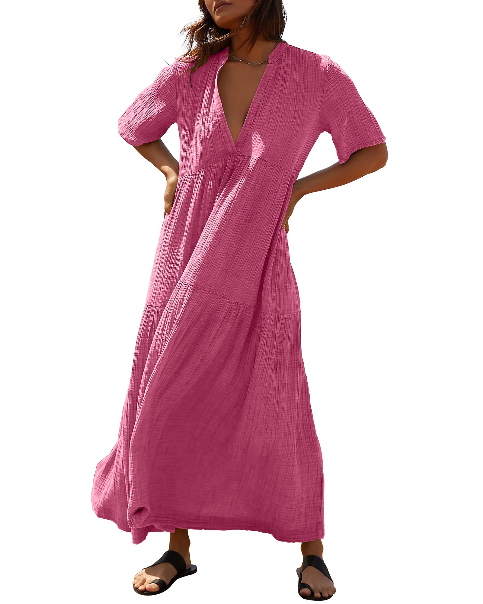 Gacaky Summer Dress for Women Casual Short Sleeve Deep V Neck Sundress ...