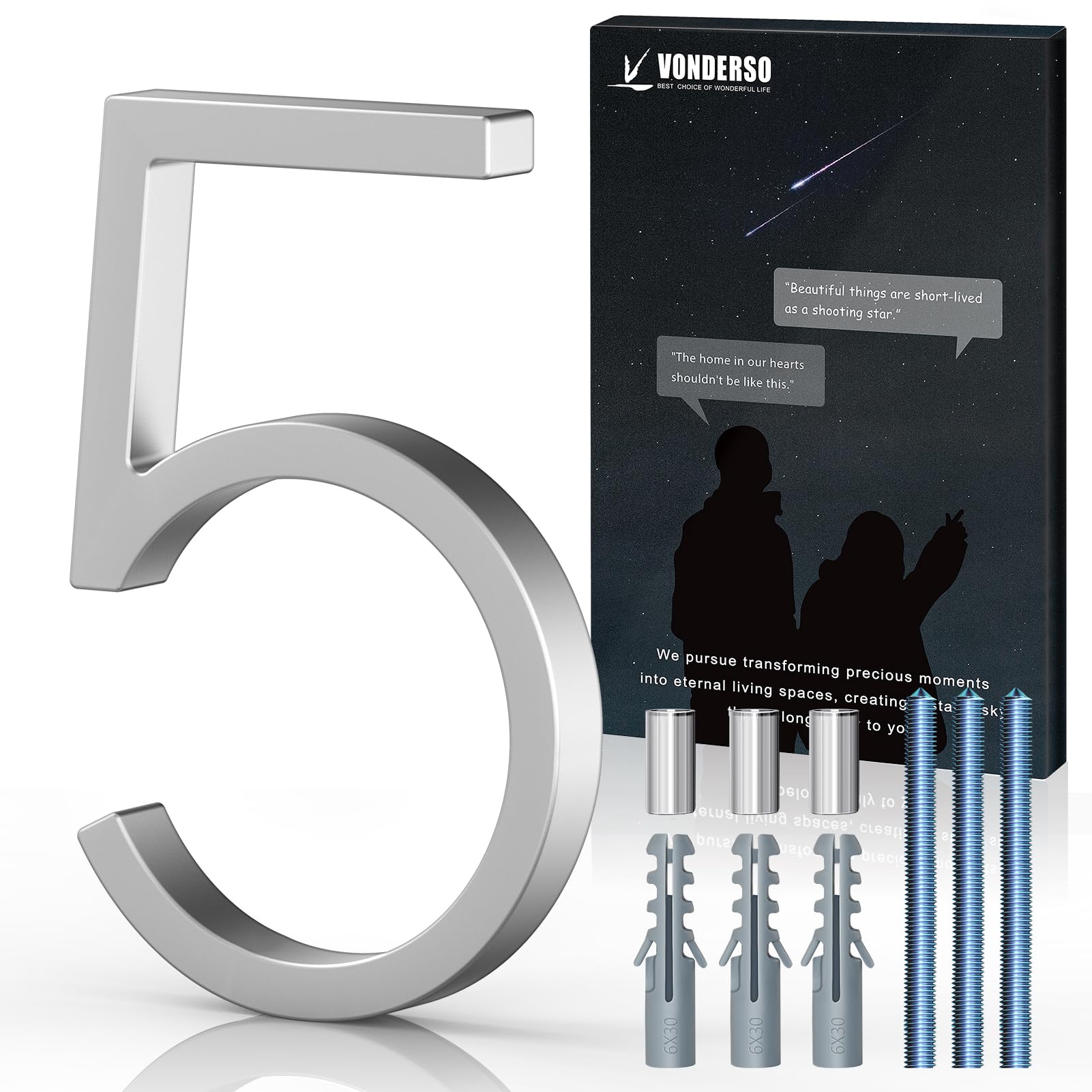 VONDERSO 5 Inch Floating House Numbers and Letters for Outside,Silver ...