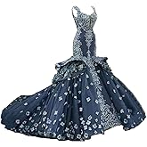 Aries Tuttle Gold Mermaid Beadded Wedding Evening Dress Prom Gown Lace ...