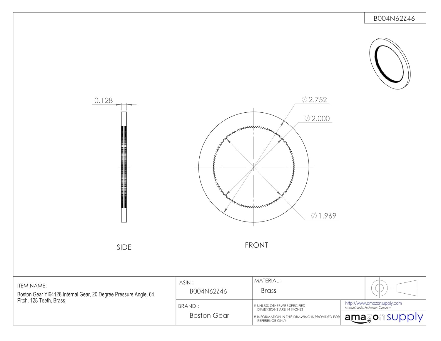 Internal Gears Boston Gear YI64128 Internal Gear 20 Degree Pressure ...