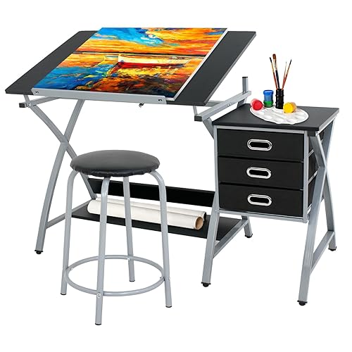 ZENY Drafting Table and Stool, Tilted Draft Table Desk w/Drawers ...