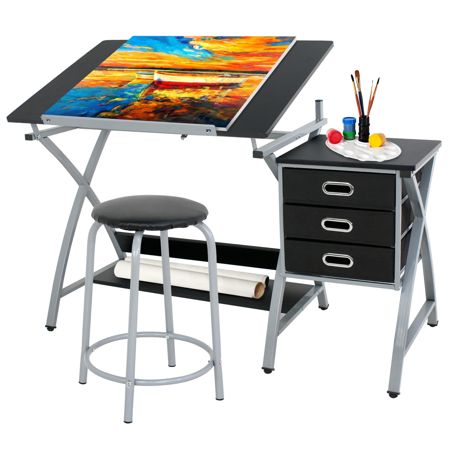 Mua ZENY Drafting Table and Stool, Tilted Draft Table Desk w/Drawers ...