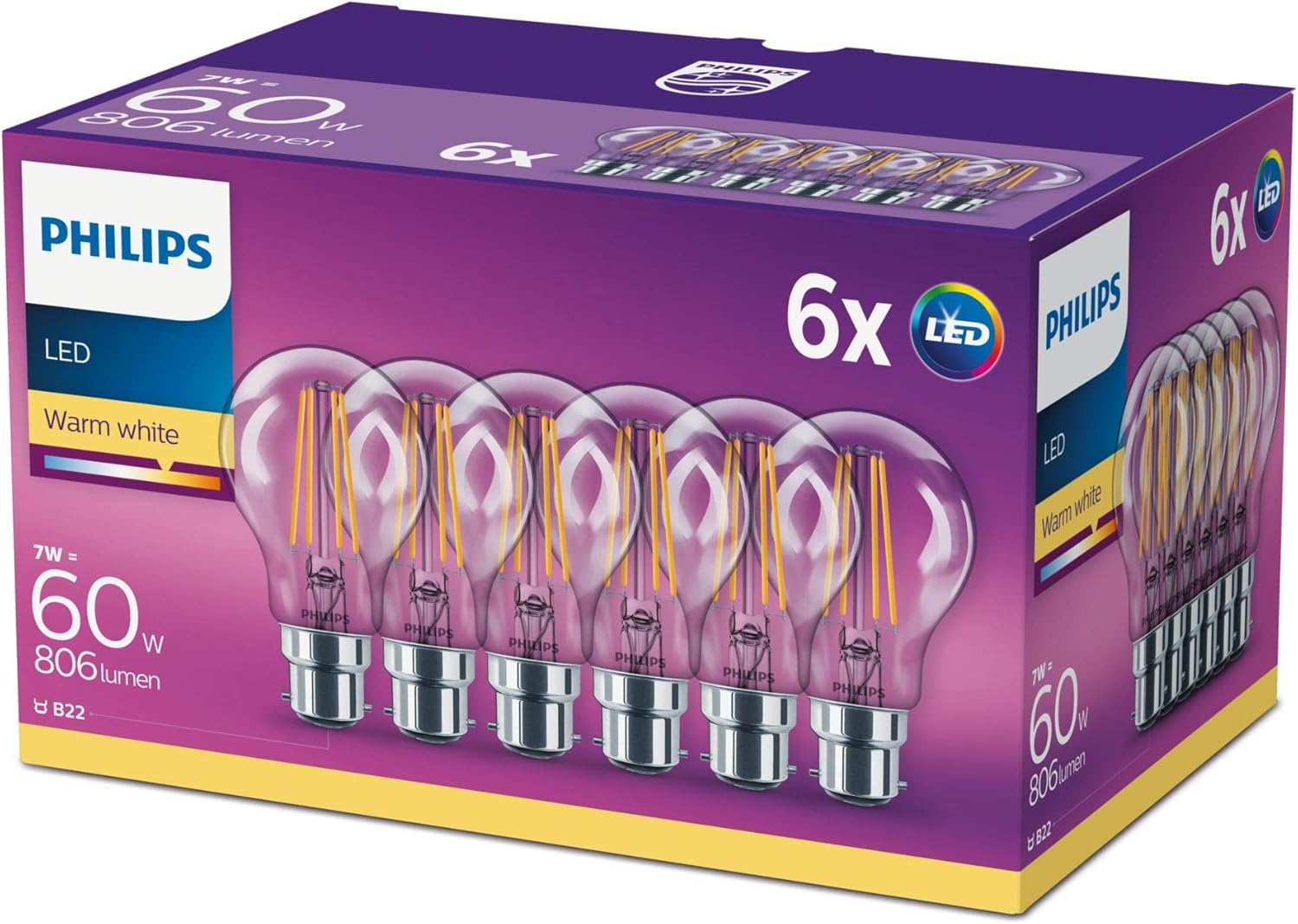 Philips LED Classic A60 Light Bulb 6 Pack [B22 Bayonet Cap] 7W – 60W ...