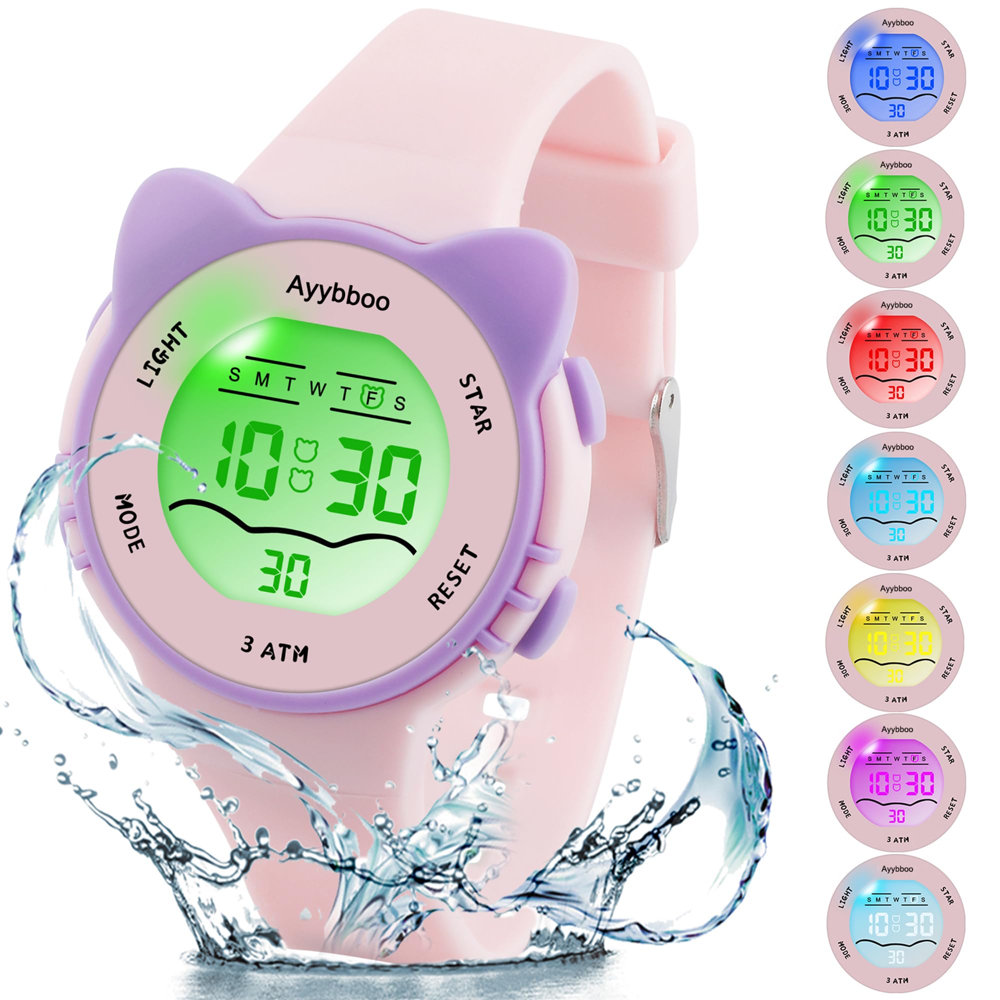 Ayybboo Kids Digital Watches for Girls Boys, 7 Color Lights Water Proof ...
