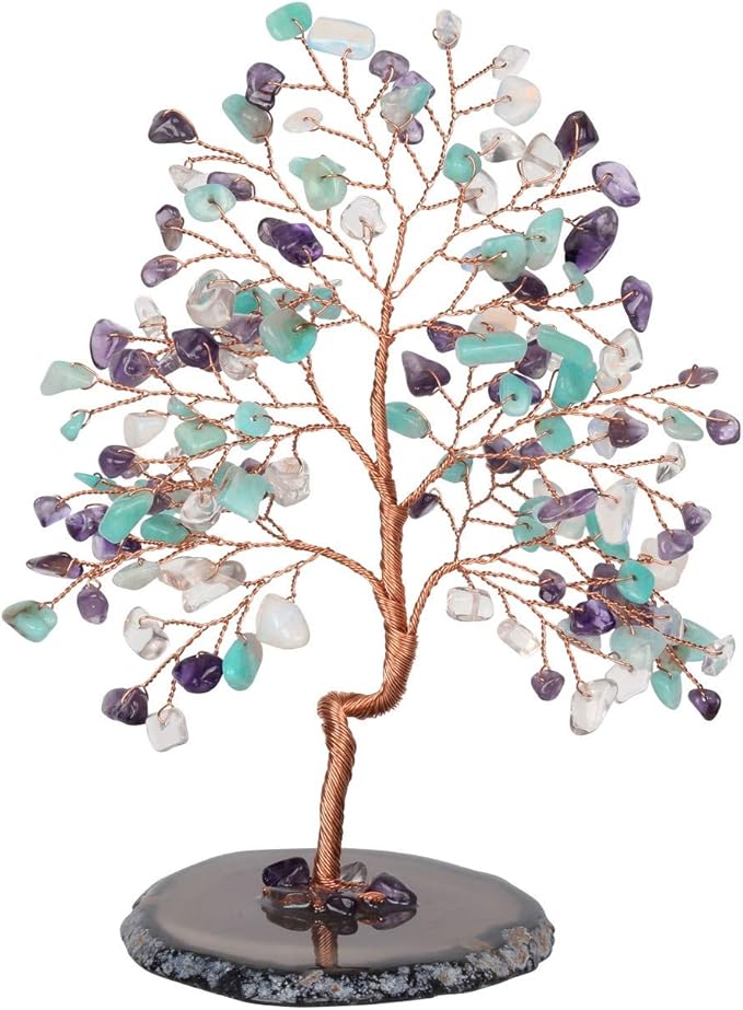 CrystalTears Edelstein Baum des Lebens Dekoration Wire Wrap Trommelsteine mit Achatscheibe Basis ...