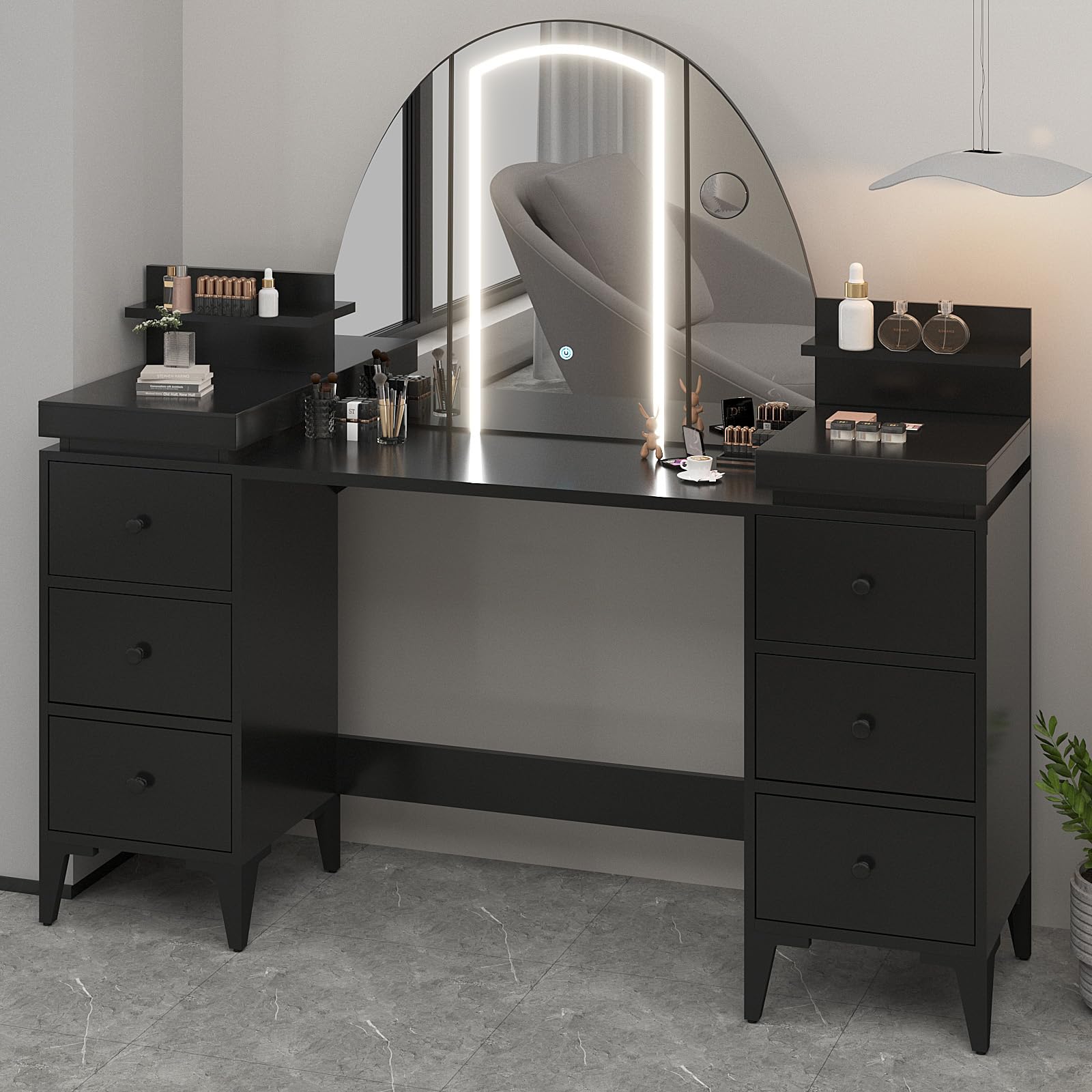 GOFEI Vanity Desk with Large LED Mirror, 8 Drawers, Open Storage ...