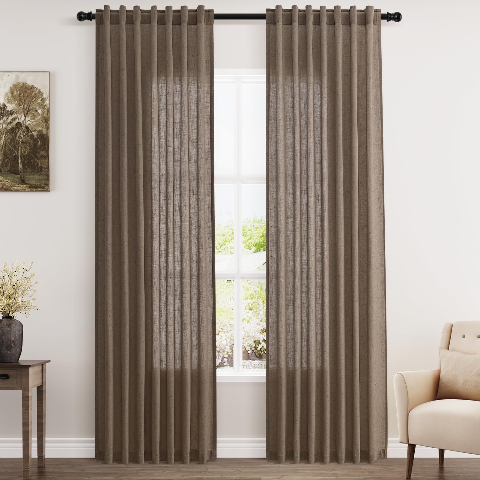 Light Brown Linen Curtains 84 Inches Long for Bedroom Back Tab Light ...