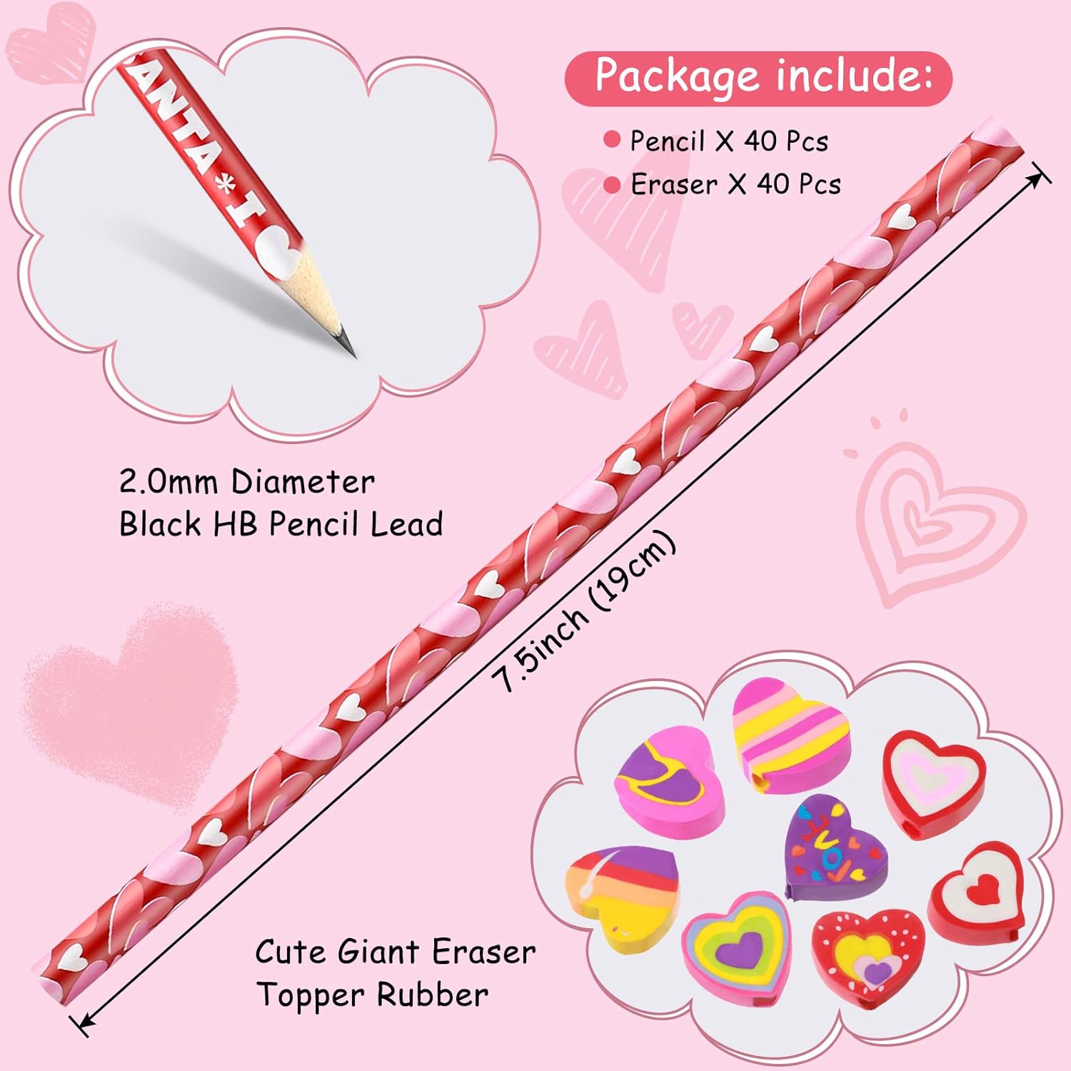 40 Pieces Valentines Pencils Assortment with Giant Heart Shaped Eraser ...