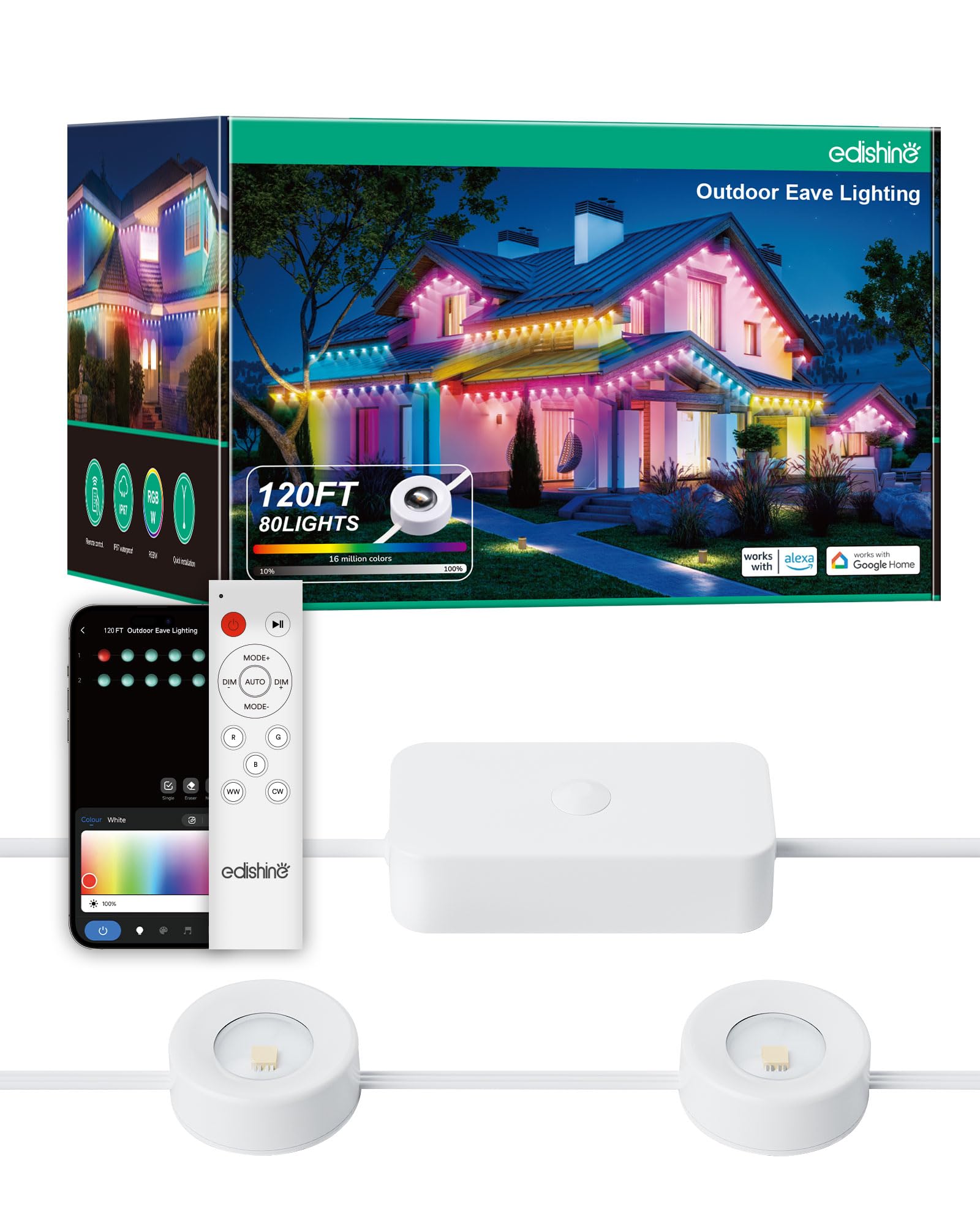 EDISHINE 120ft Permanent Outdoor Christmas Lights, 80 LED Eaves Light ...