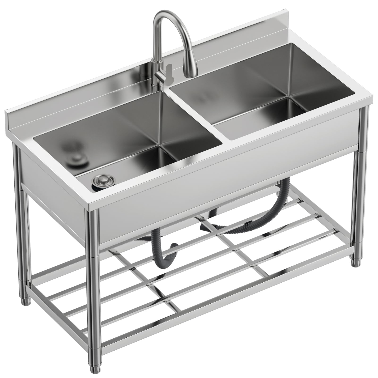 GGW 2-Compartment Commercial Sink with Pull-out Faucet, Stainless Steel ...