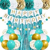 Amazon.com: Teal Blue and Silver Birthday Party Decorations, Happy ...