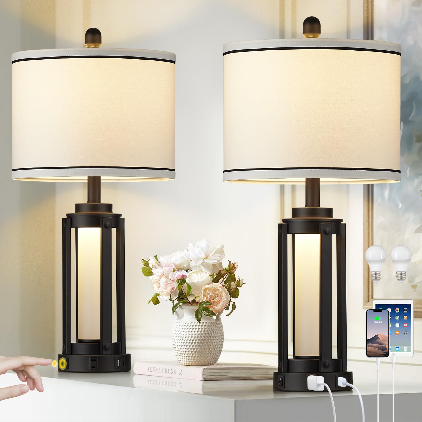 Modern Table Lamps for Living Room, Industrial Beside Lamps with USB A ...