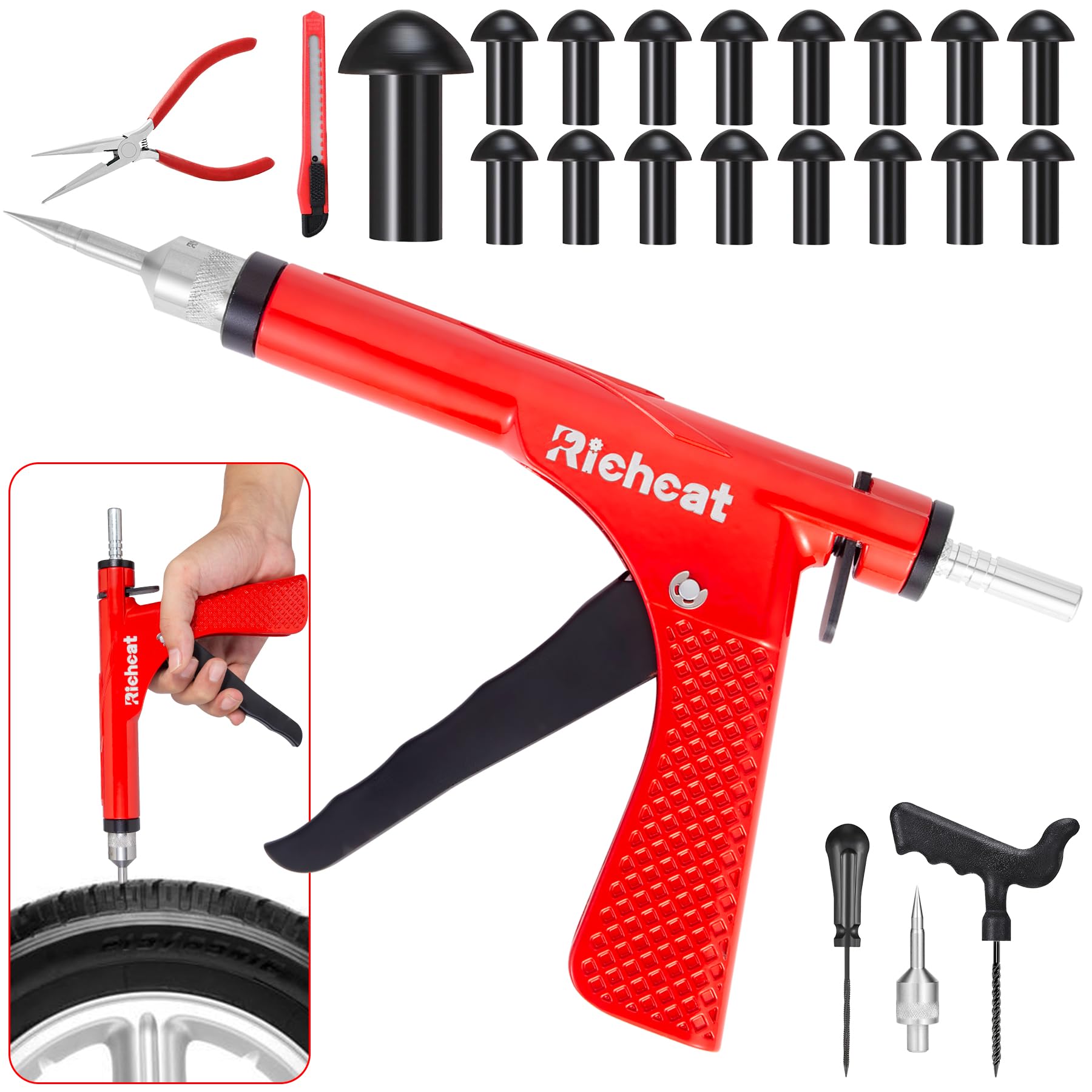 Richcat Tubeless Tire Puncture Repair Kit with Mushroom Plug, Repairs ...