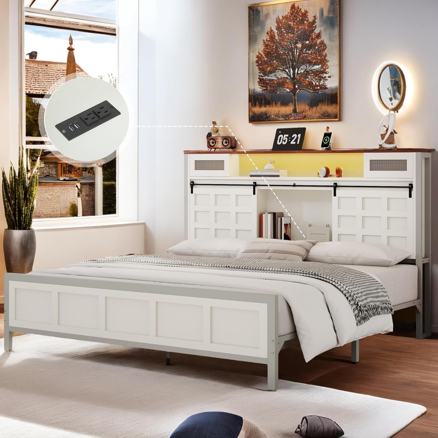 Yitahome Farmhouse Bed Frame King Size 49 14 Tall Storage Headboard