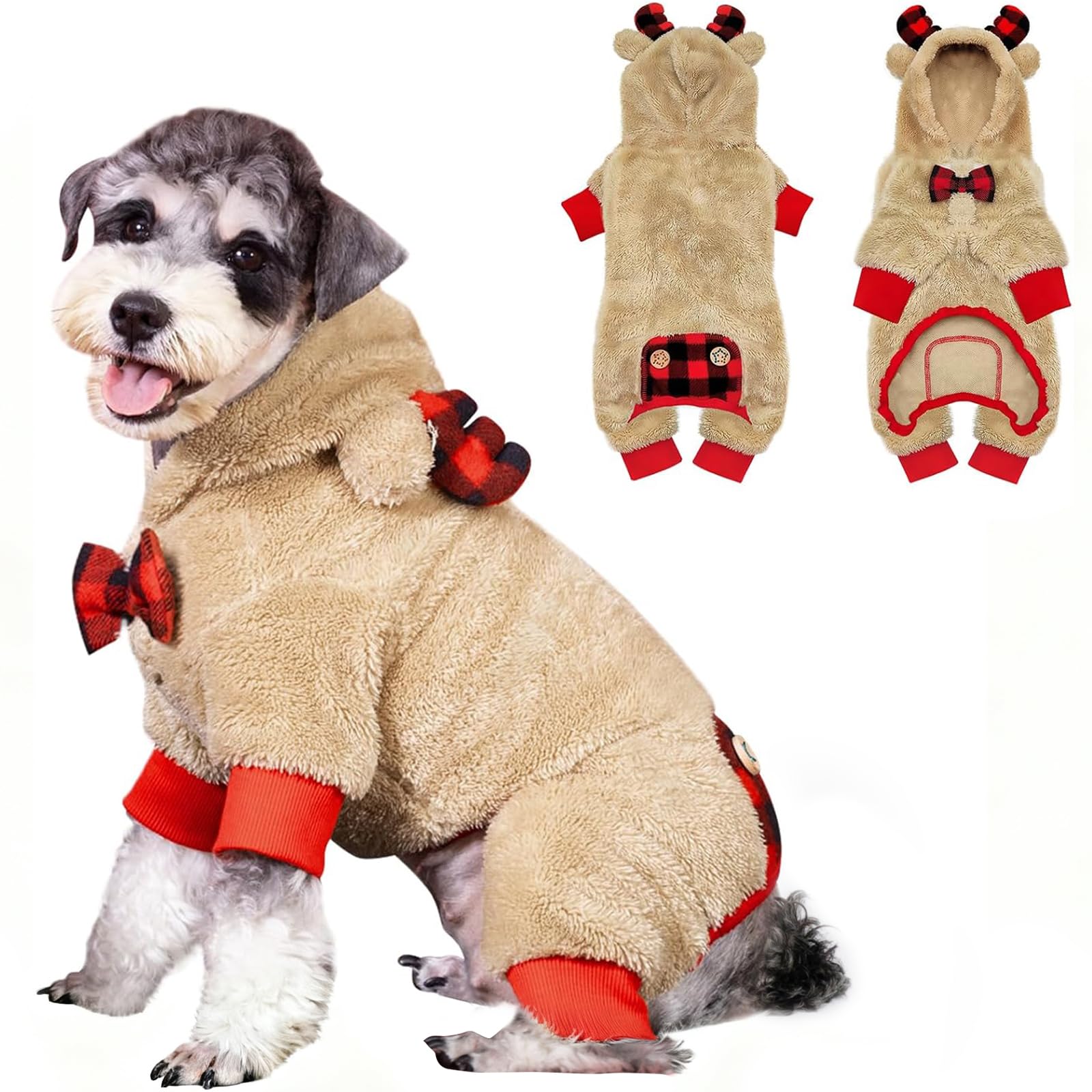 KYEESE Dog Christmas Pajamas with Reindeer Antler Hood, Cozy Dog Pjs ...