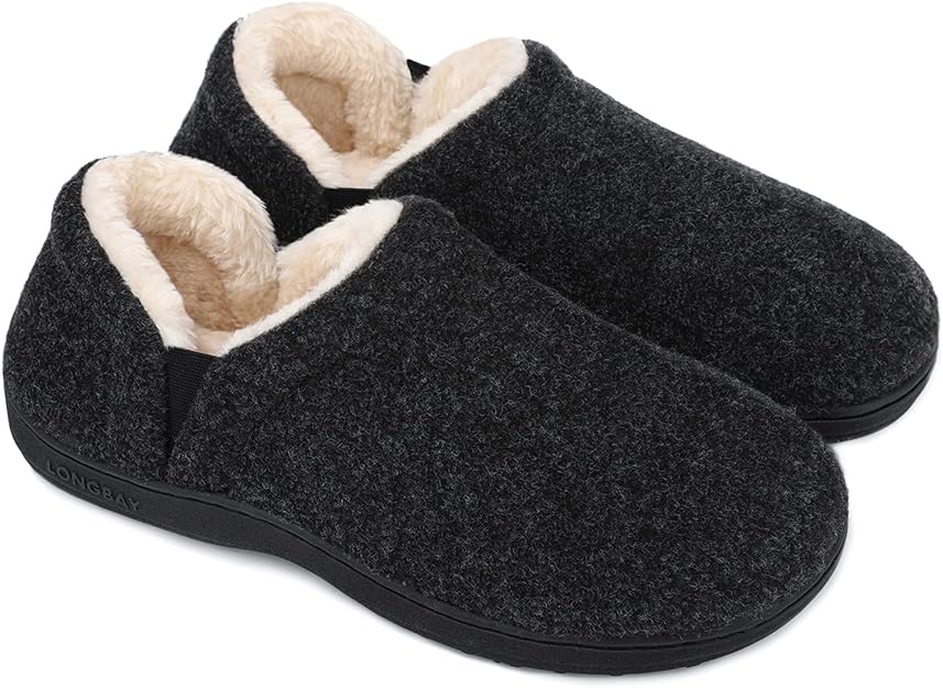 LongBay Men's Comfort Memory Foam Slippers Faux Fur Lined Winter House ...