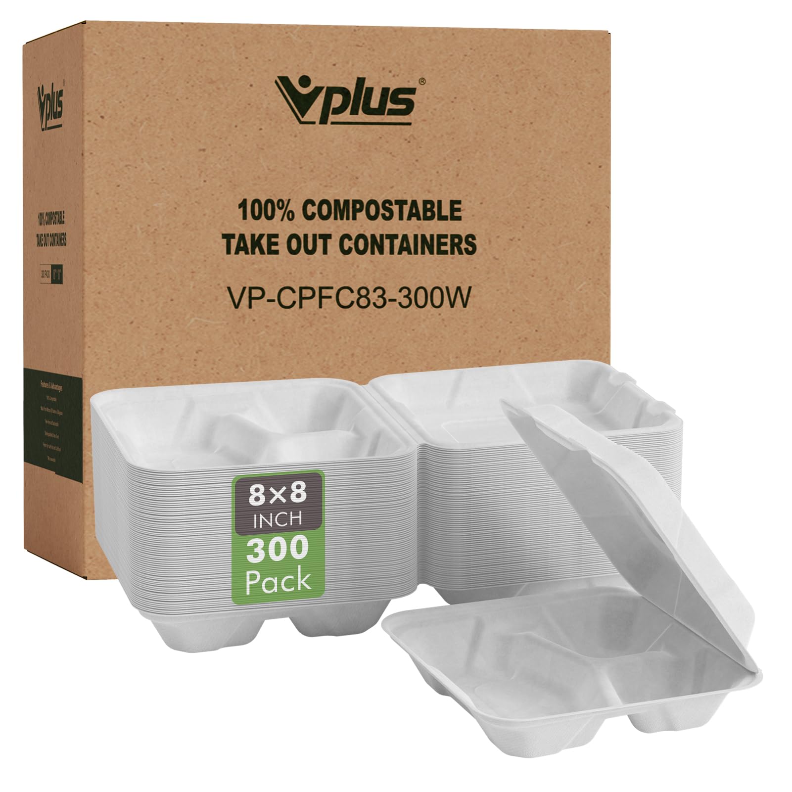 Vplus 300 PACK 100% Compostable Clamshell Take Out Food Containers, 8 ...
