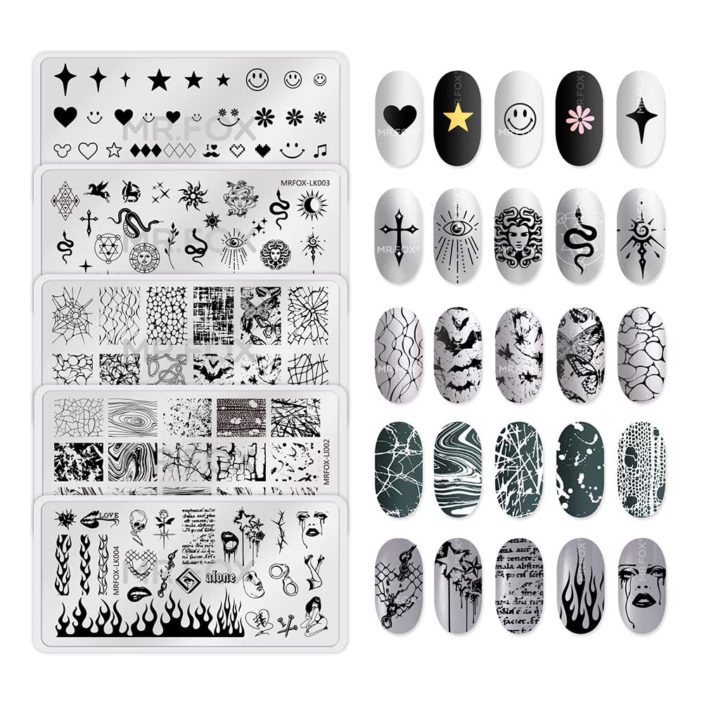 MRFOX 5 Pcs Nail Plates Stamping Set Marbled Punk Spider Web Heart Star ...