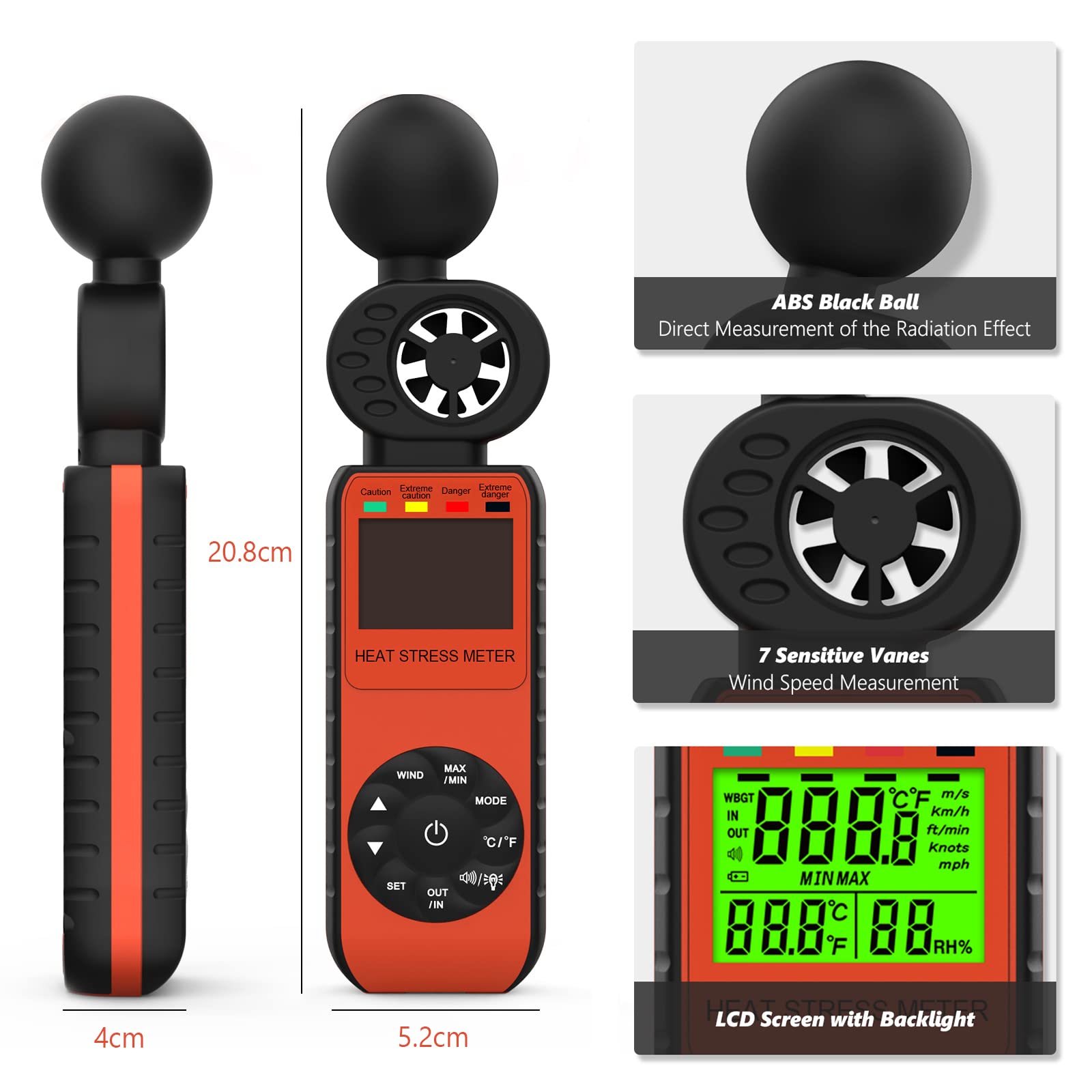 Mua Digital Anemometer Heat Stress Meter with WBGT Alarm, Handheld 4 in ...