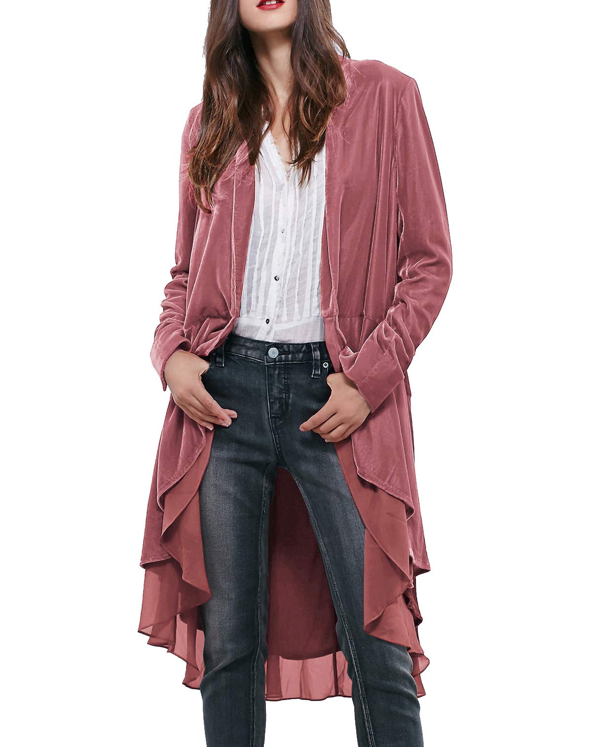 R.Vivimos Womens Ruffled Asymmetric Long Velvet Blazers Coat Casual ...