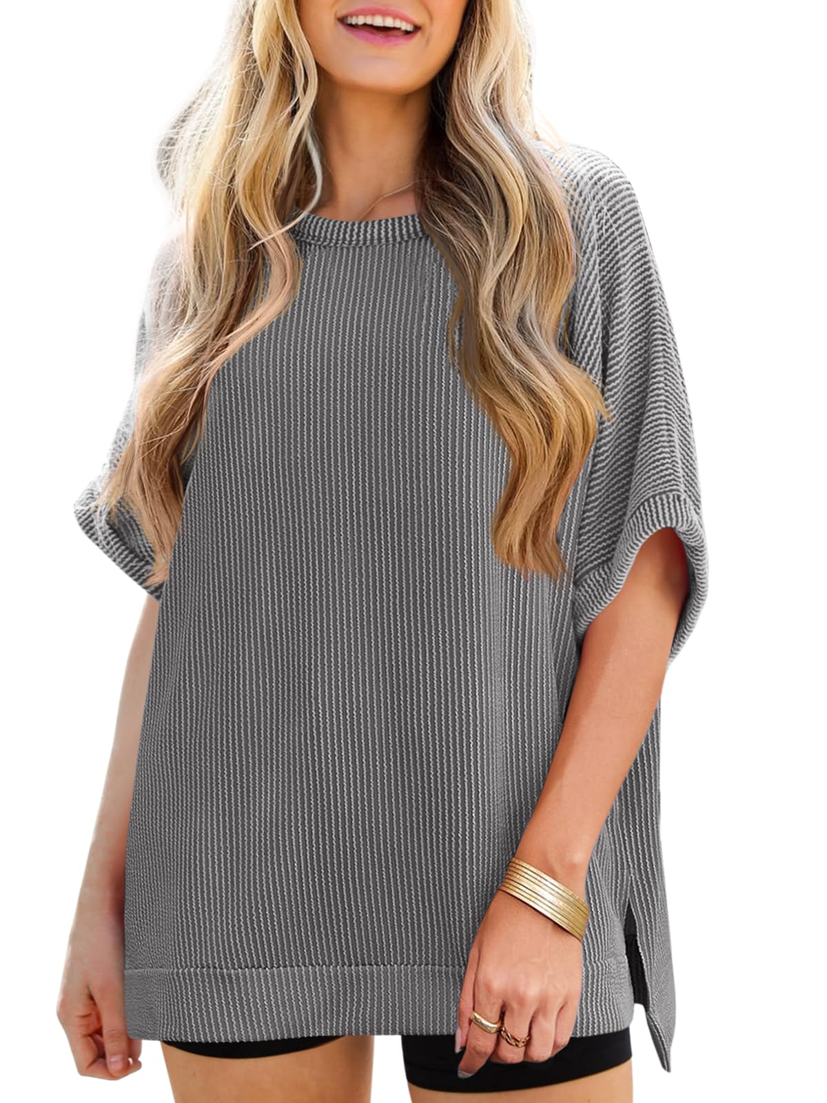 Tankaneo Womens Oversized T Shirts Summer Casual Loose Fit Ribbed ...