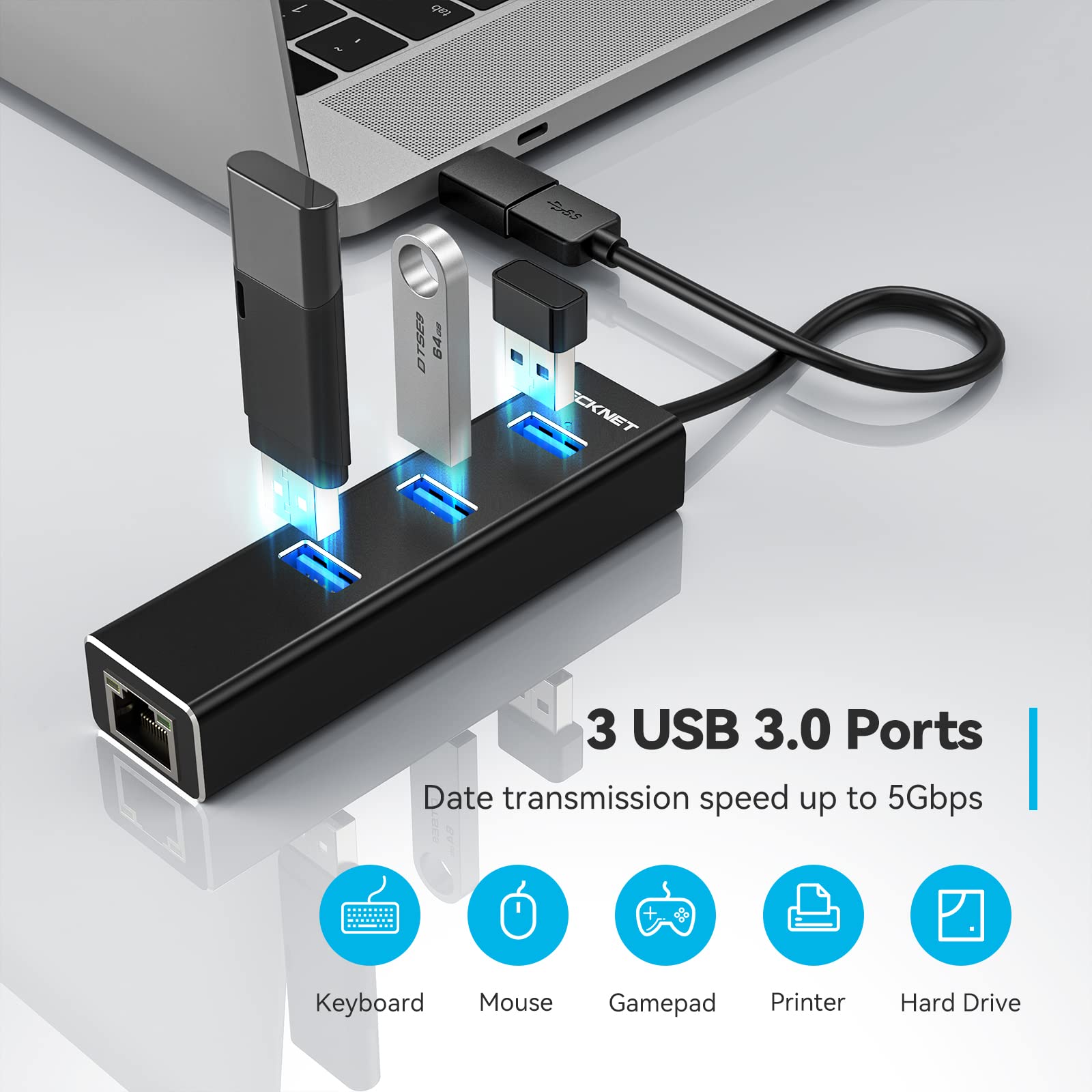 Mua TECKNET USB to Ethernet Adapter, USB C to Ethernet, Aluminum 3 Port USB 3.0 Hub with RJ45 10 ...