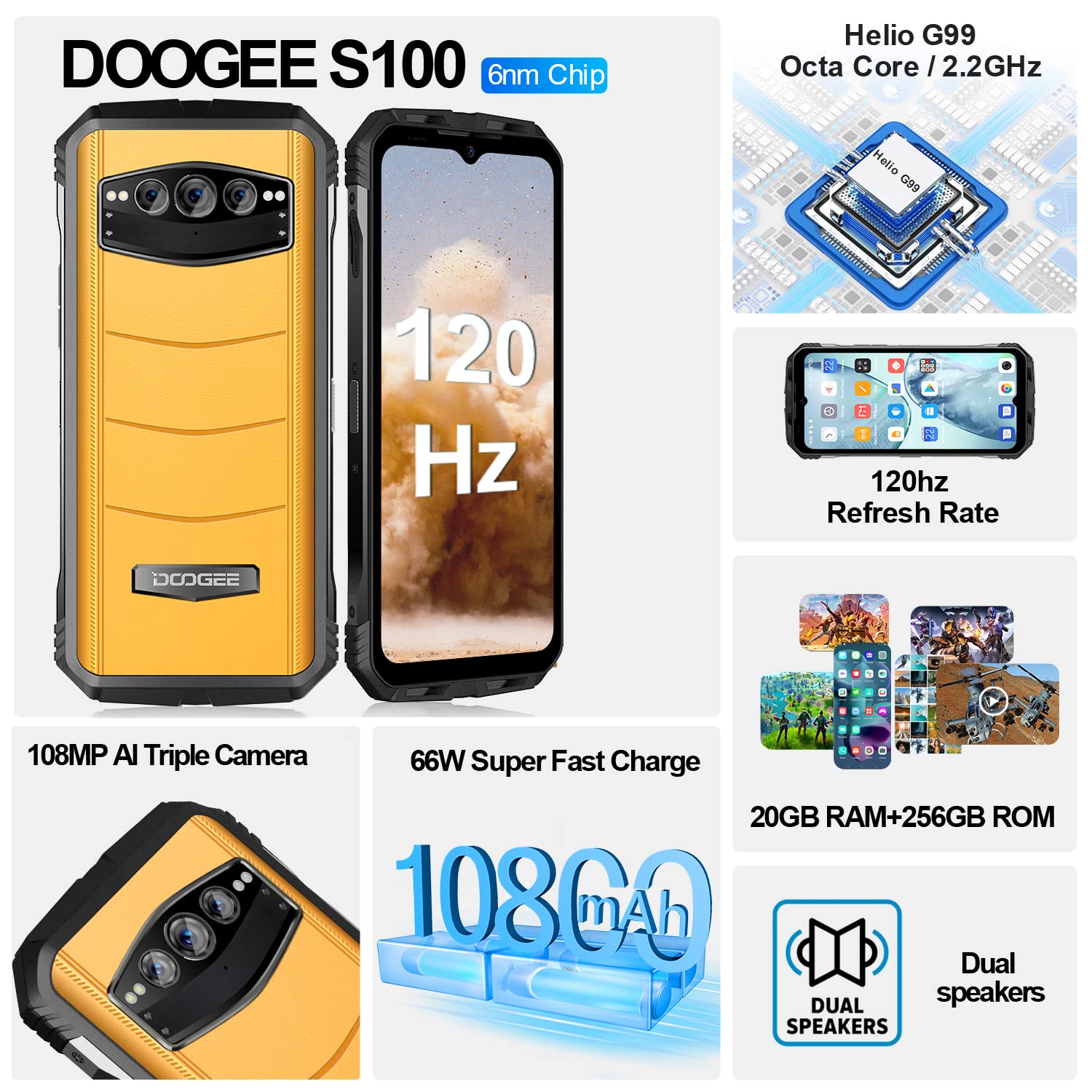 DOOGEE S100 Rugged Smartphone(2023), 20GB+256GB Dual 4G Gaming Rugged ...