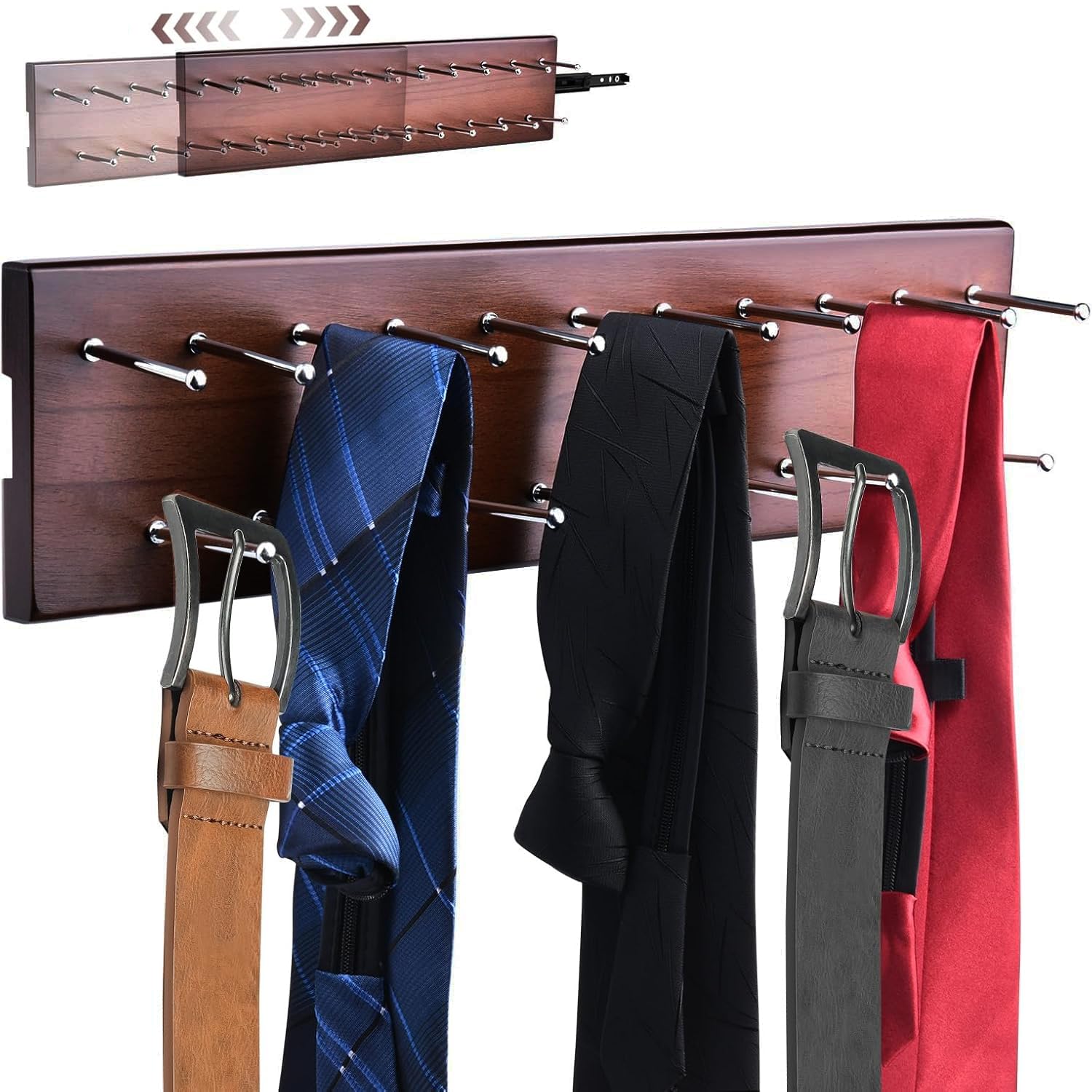Wood Pull Out Belt Rack for Closet, 21 Tie Hanger Extending Sliding Tie ...