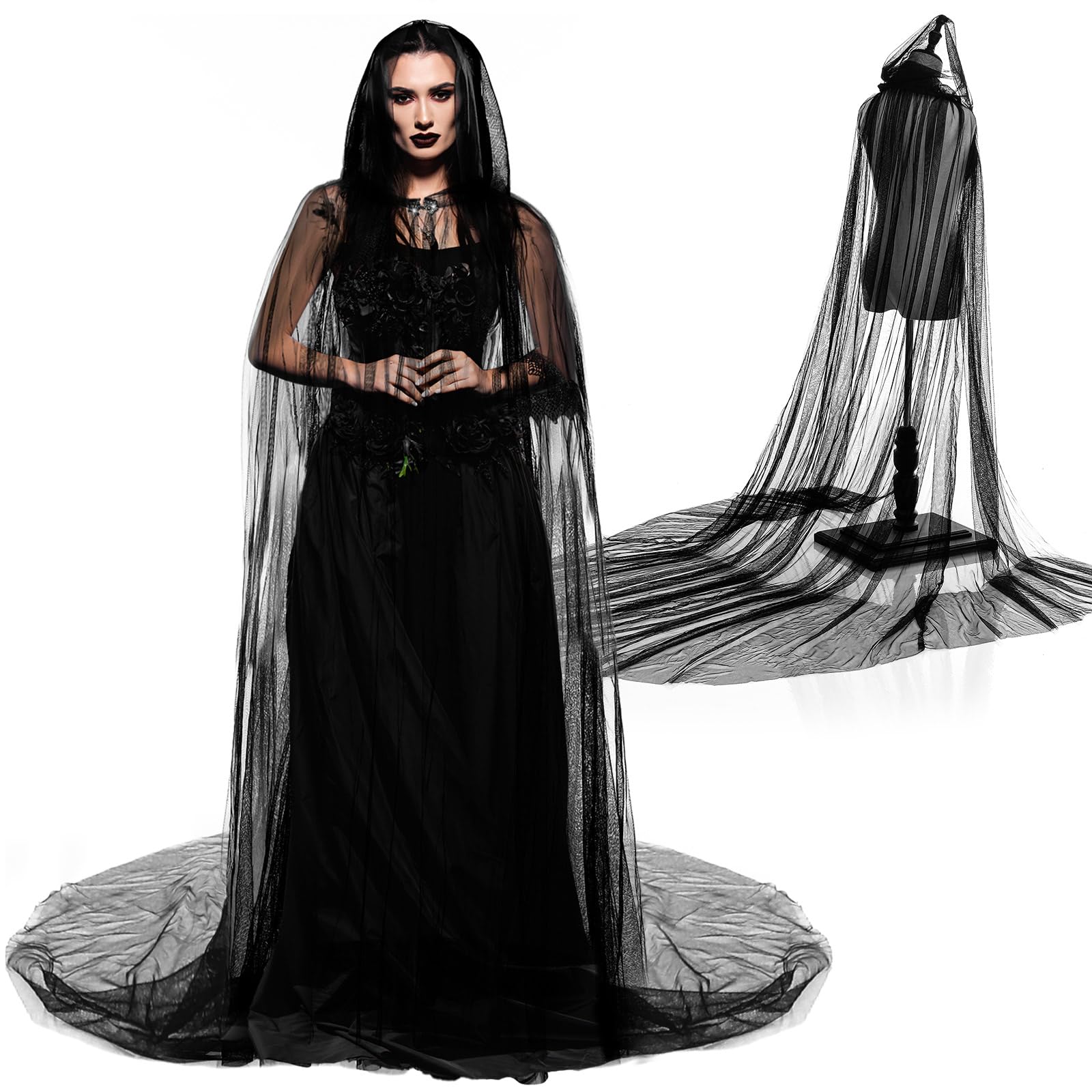 Hercicy Black Sheer Cap, Haunted Hooded Cape Witch Long Black Sheer ...