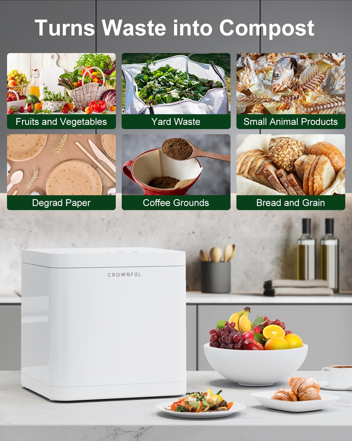 Mua CROWNFUL Smart Waste Kitchen Composter with 3.3L Capacity, Turning ...