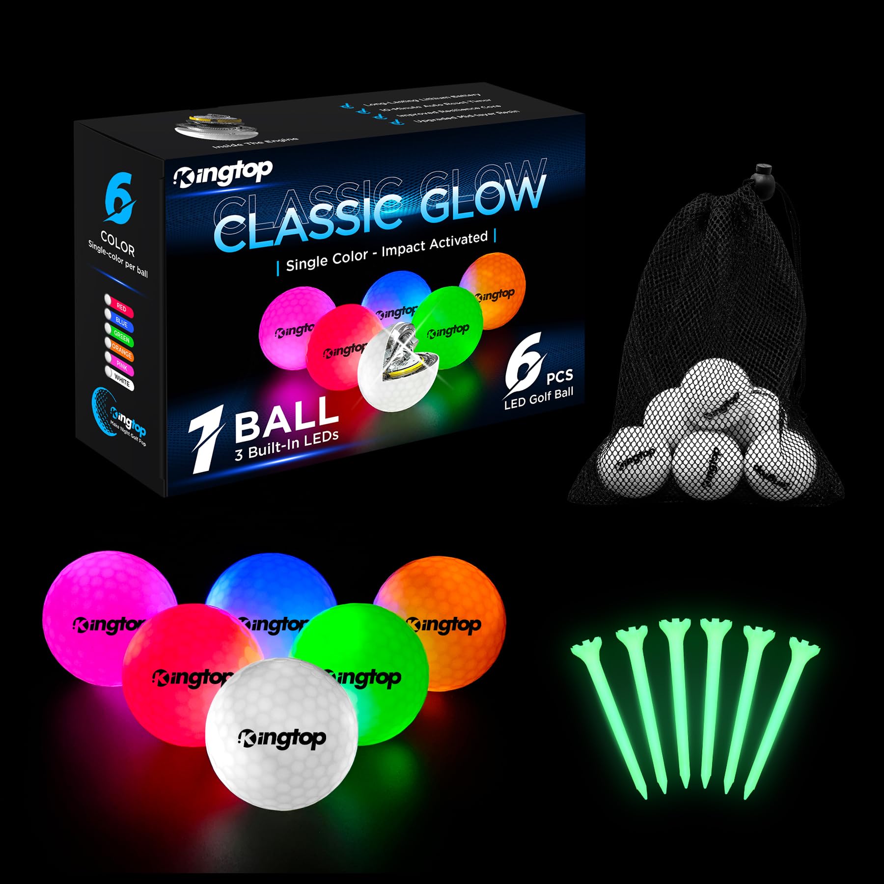 KINGTOP Classic Glow in The Dark Golf Balls with 10-Minute Reset Timer ...
