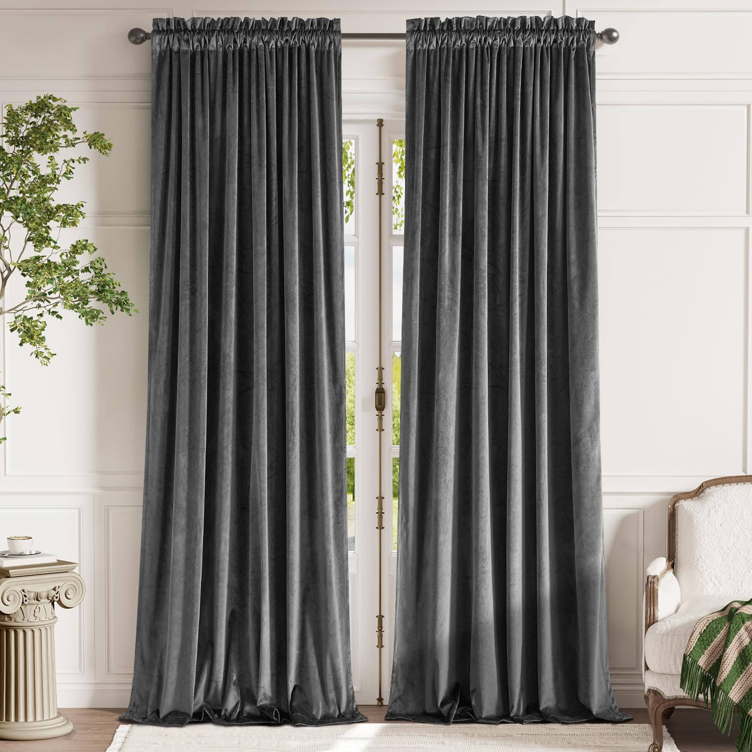 jinchan Extra Long Velvet Curtains for Living Room 108 Inch Long Grey ...